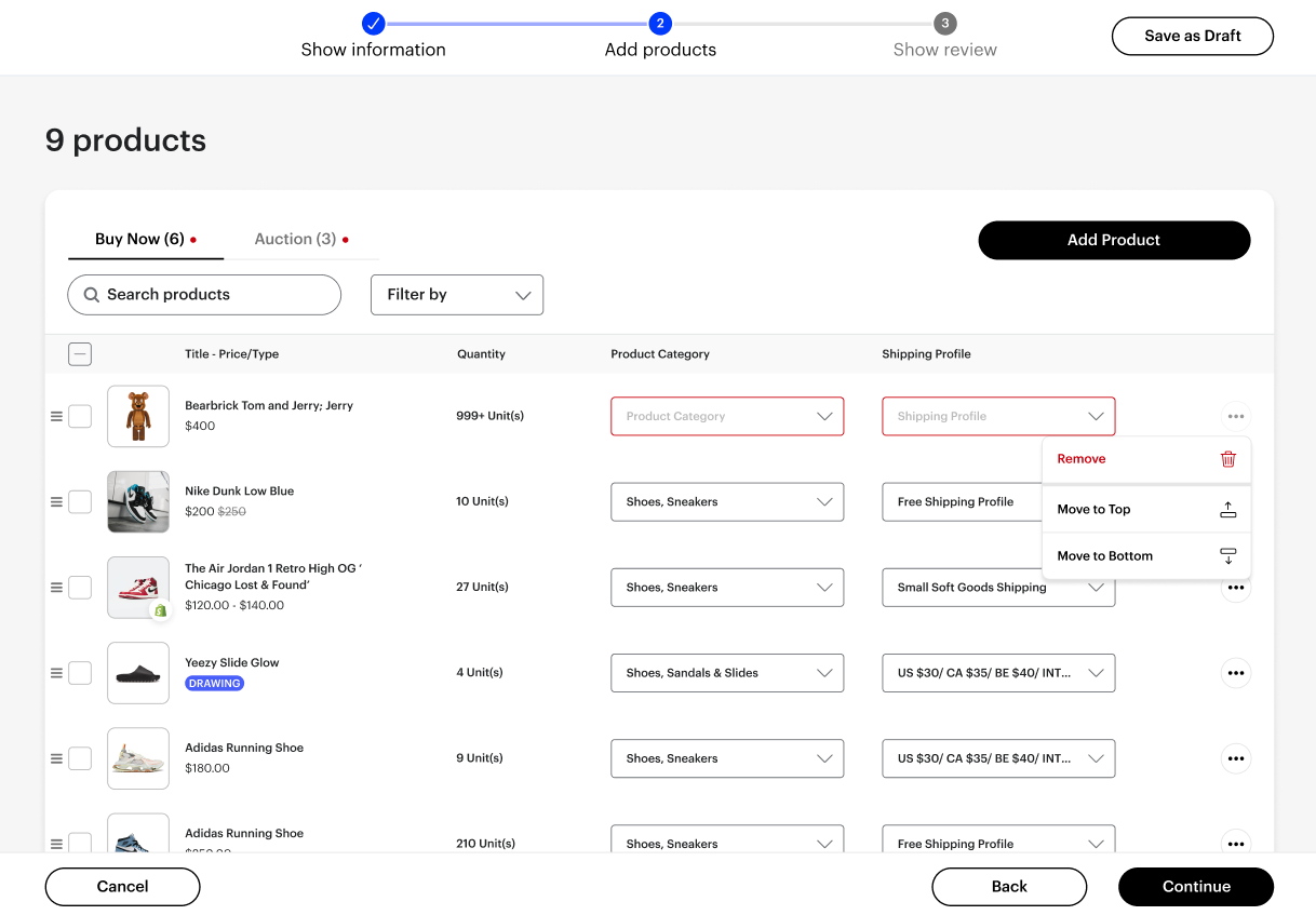 Choosing the Order of Products in a Show – CREATOR STUDIO